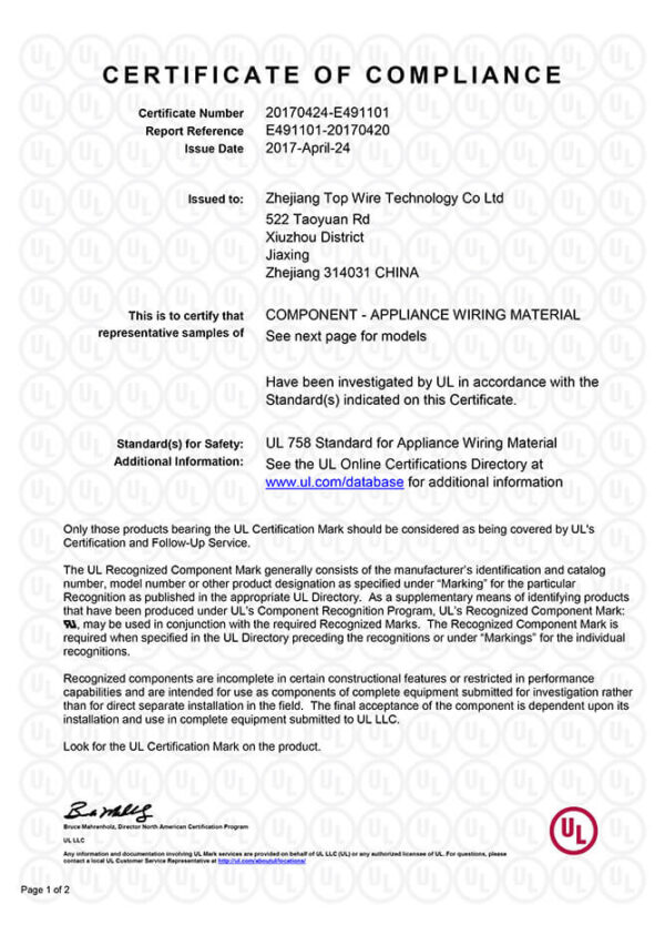 Certificates - Top Cable and Wire Technology
